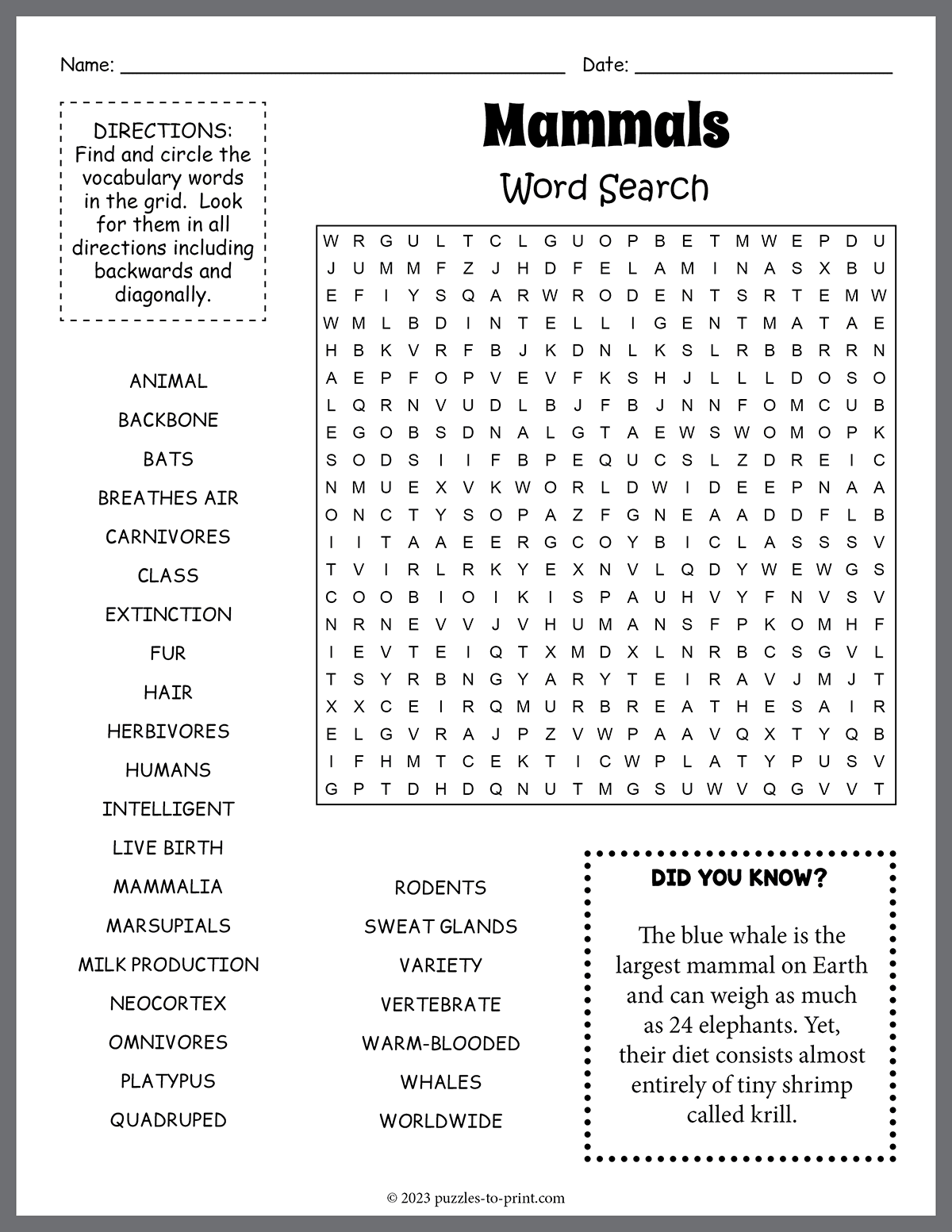 Mammals Word Search - Free Printable (Easy & Challenging)