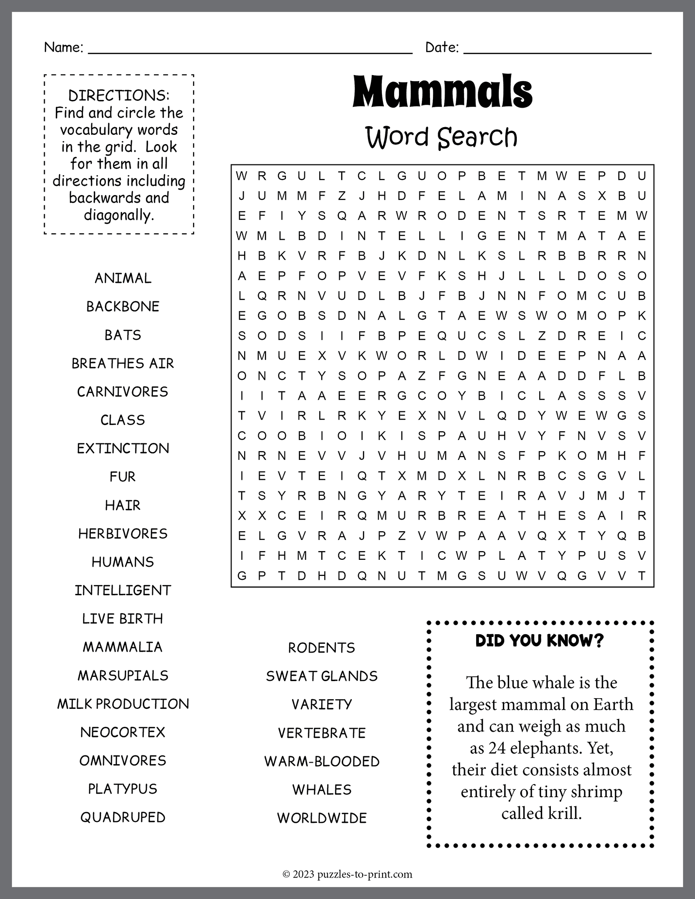 Mammals Word Search - Free Printable (Easy & Challenging)