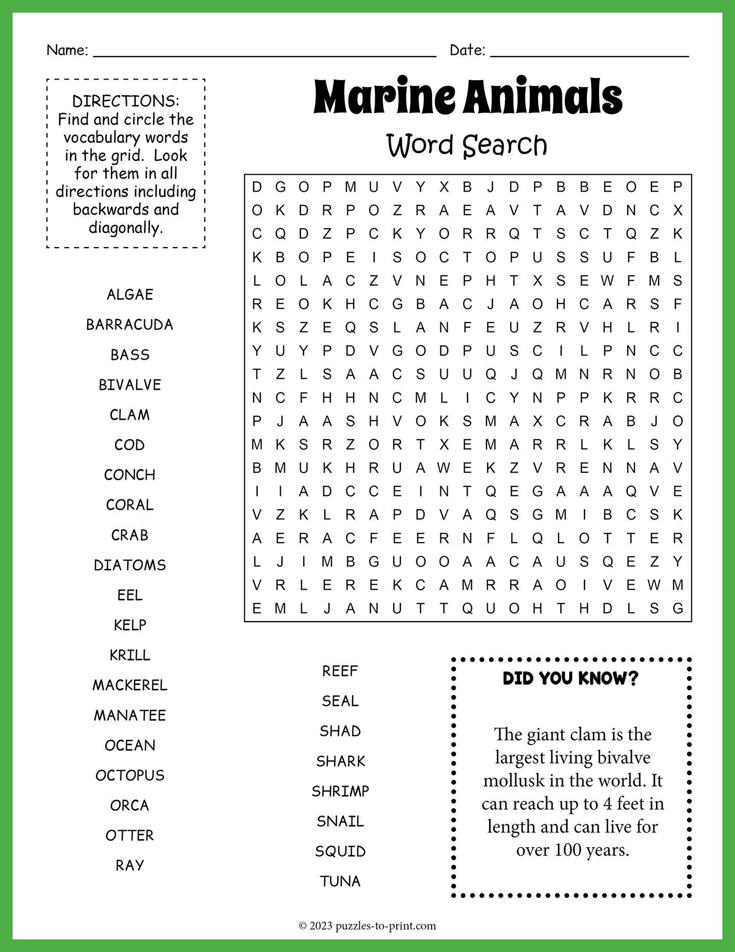 Marine Animals Word Search