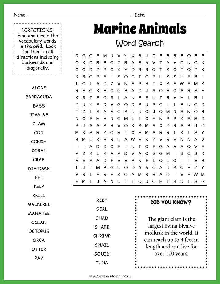 Marine Animals Word Search