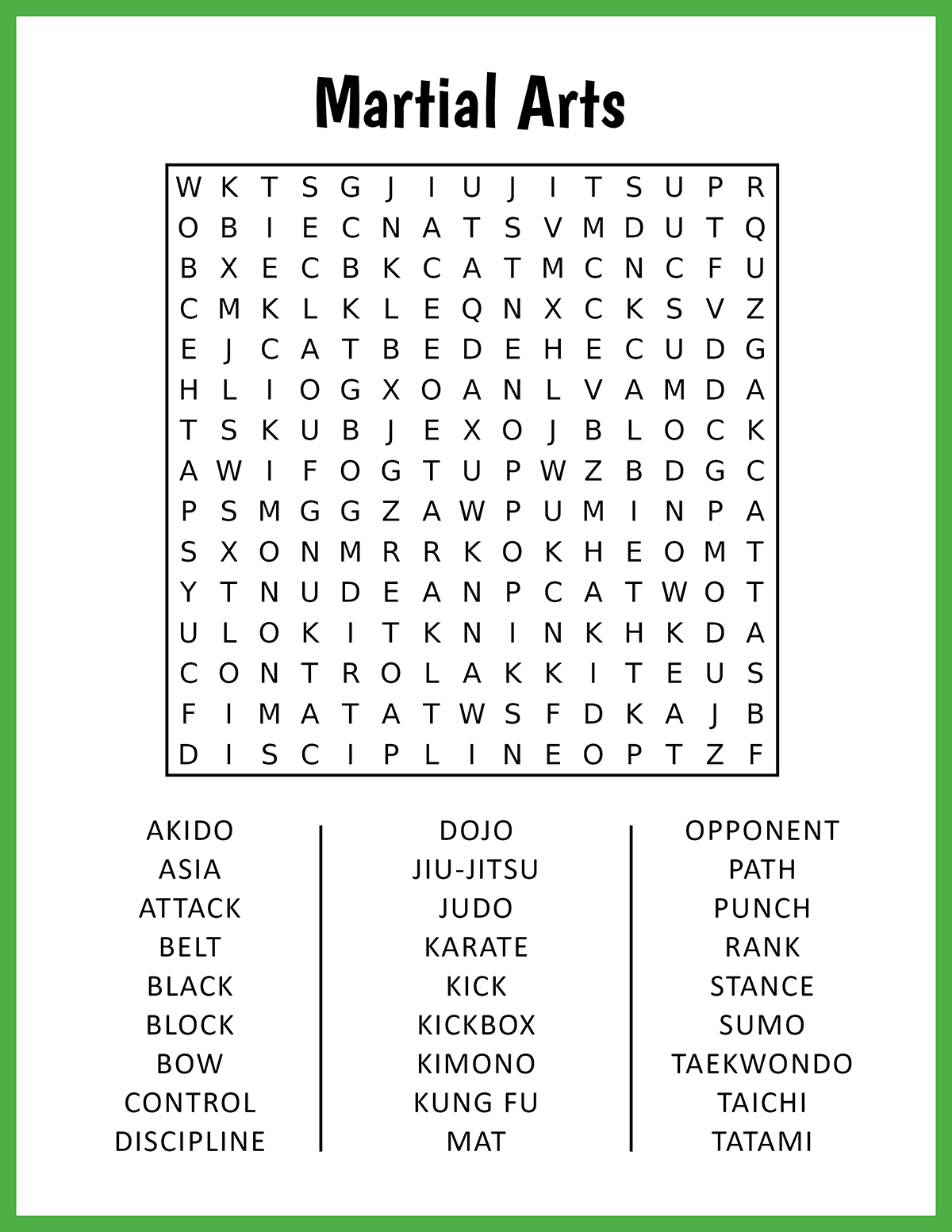 Martial Arts Word Search