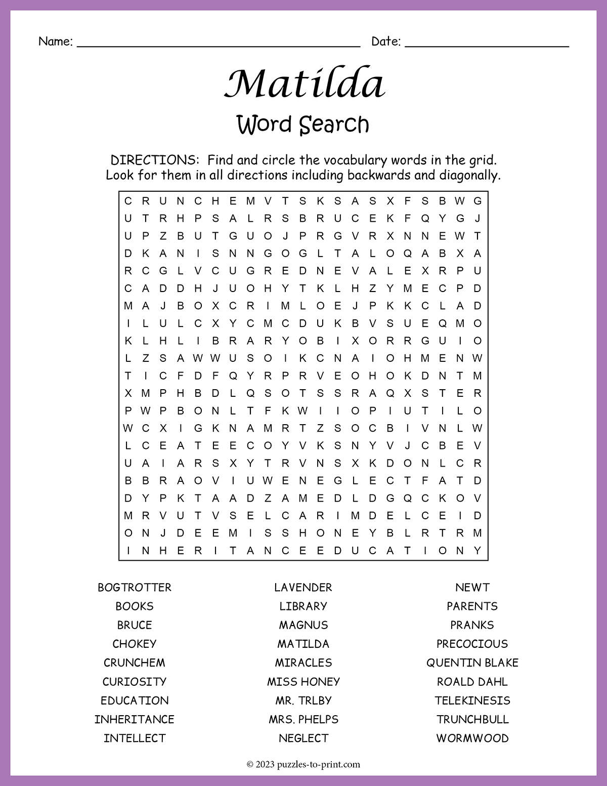 Matilda Word Search