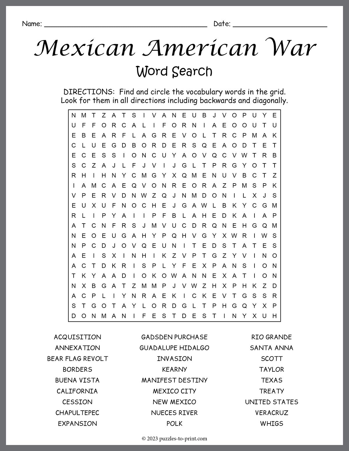 Mexican American War Word Search