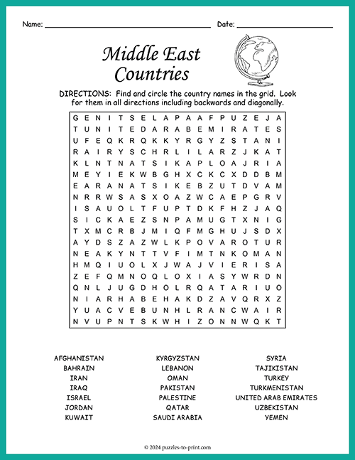 Middle East Countries Word Search
