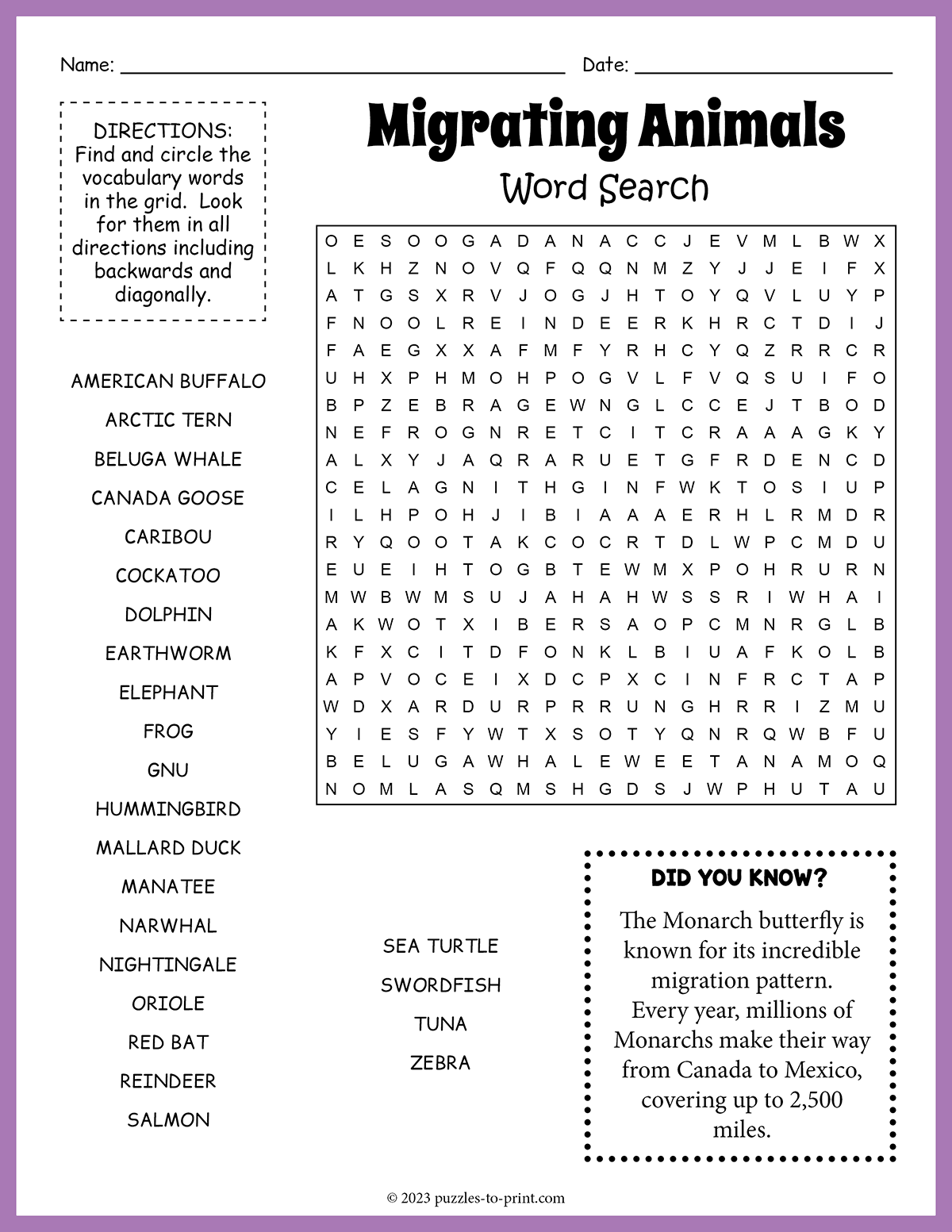 Migrating Animals Word Search - Free Printable (Easy & Challenging)