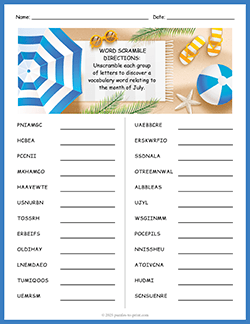Month of July Word Scramble