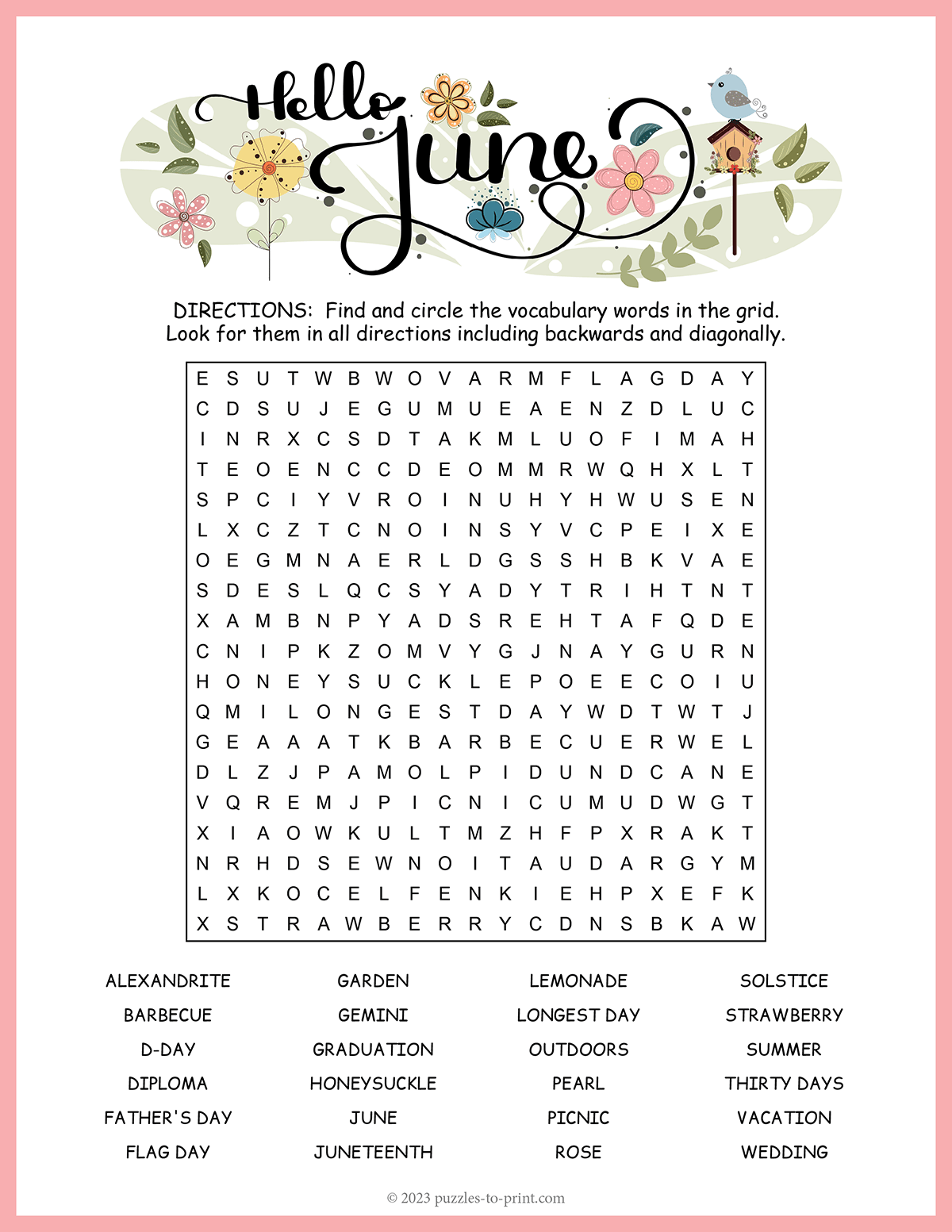 Month of June Word Search