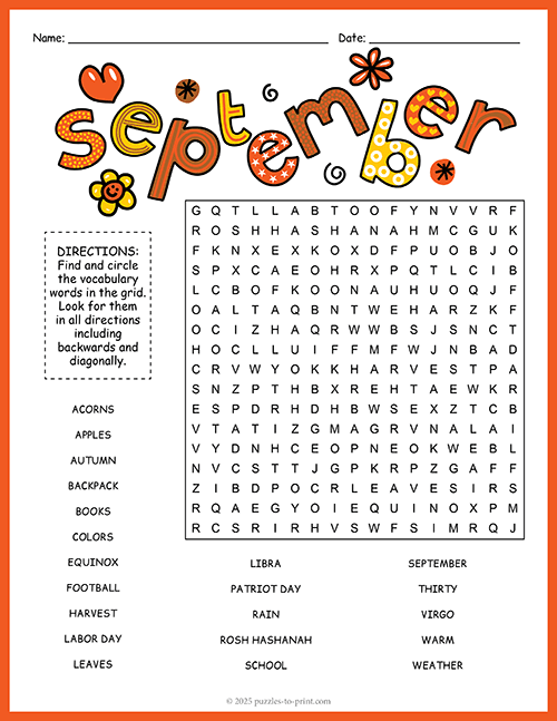 Month of September Word Search