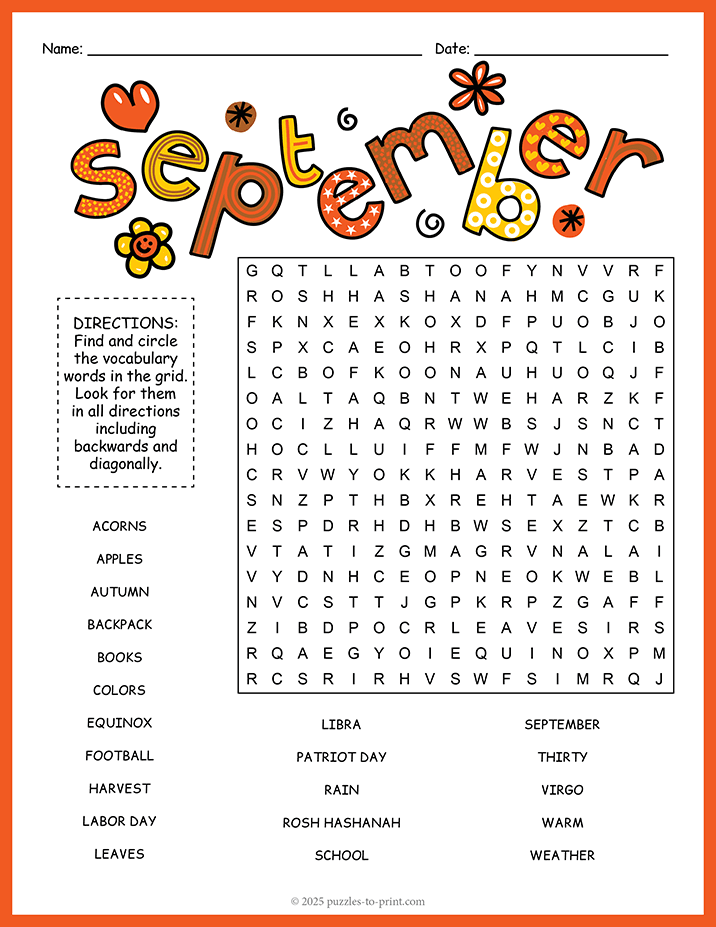 Month of September Word Search