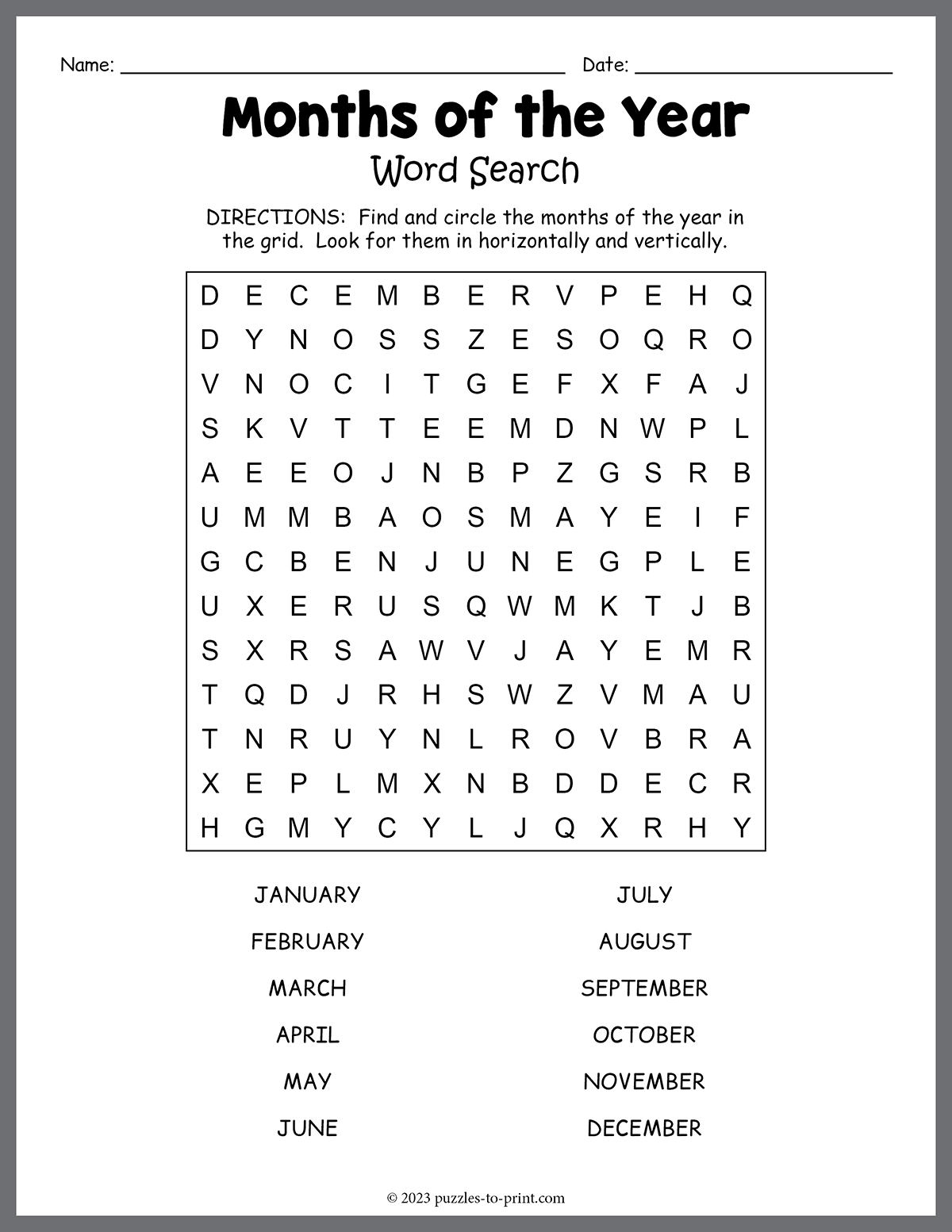 Months of the Year Word Search