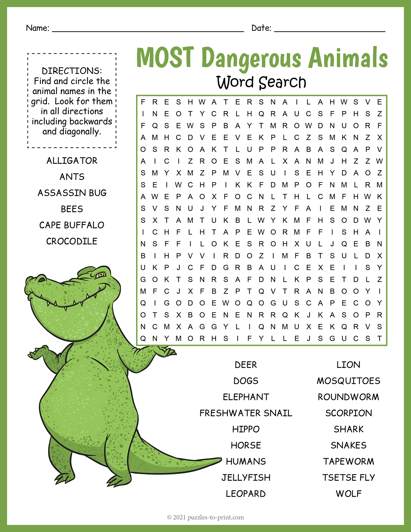 Most Dangerous Animals Word Search - Free Printable (Easy & Challenging)