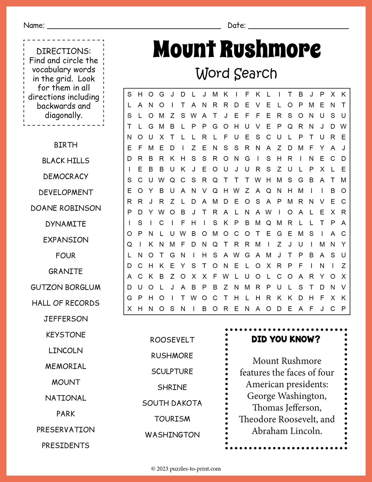 Mount Rushmore Word Search