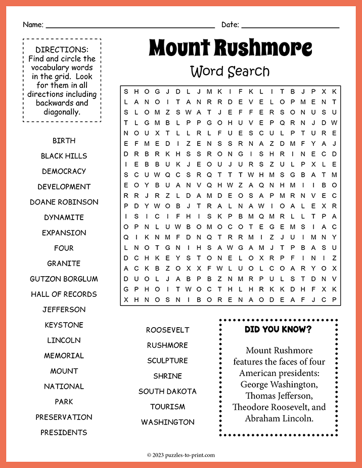 Mount Rushmore Word Search