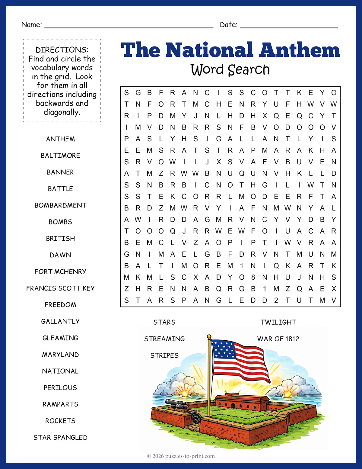 National Anthem Word Search