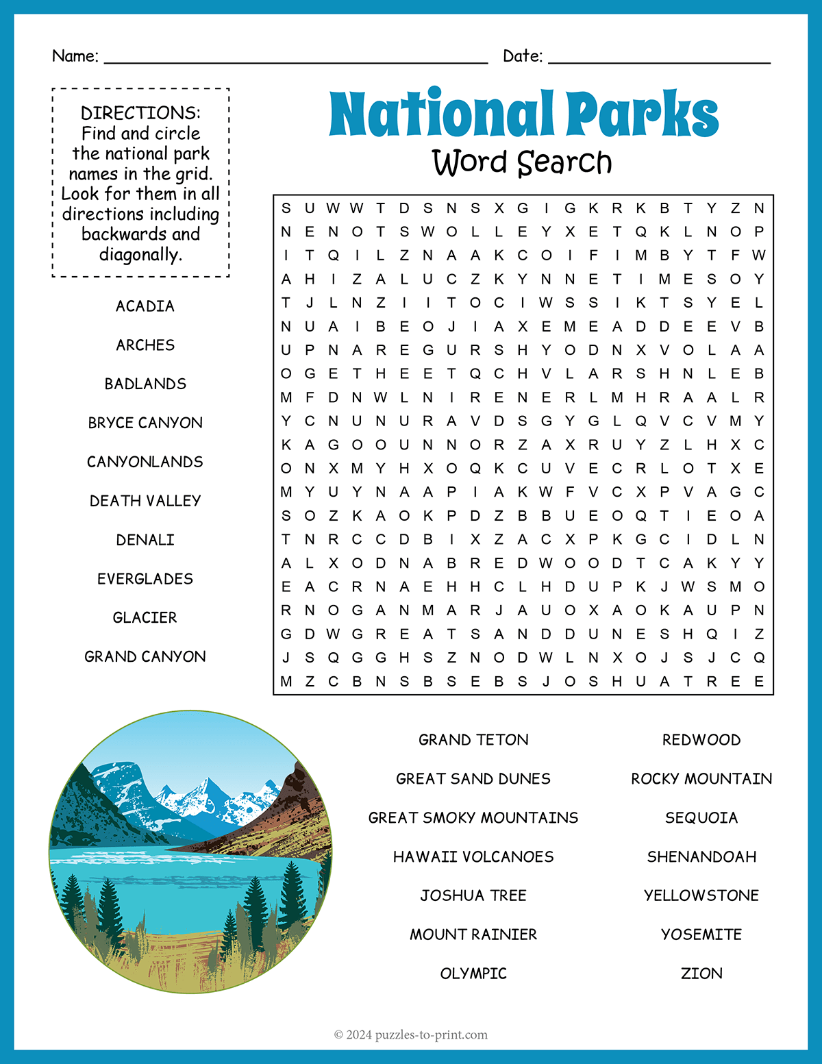 National Parks Word Search