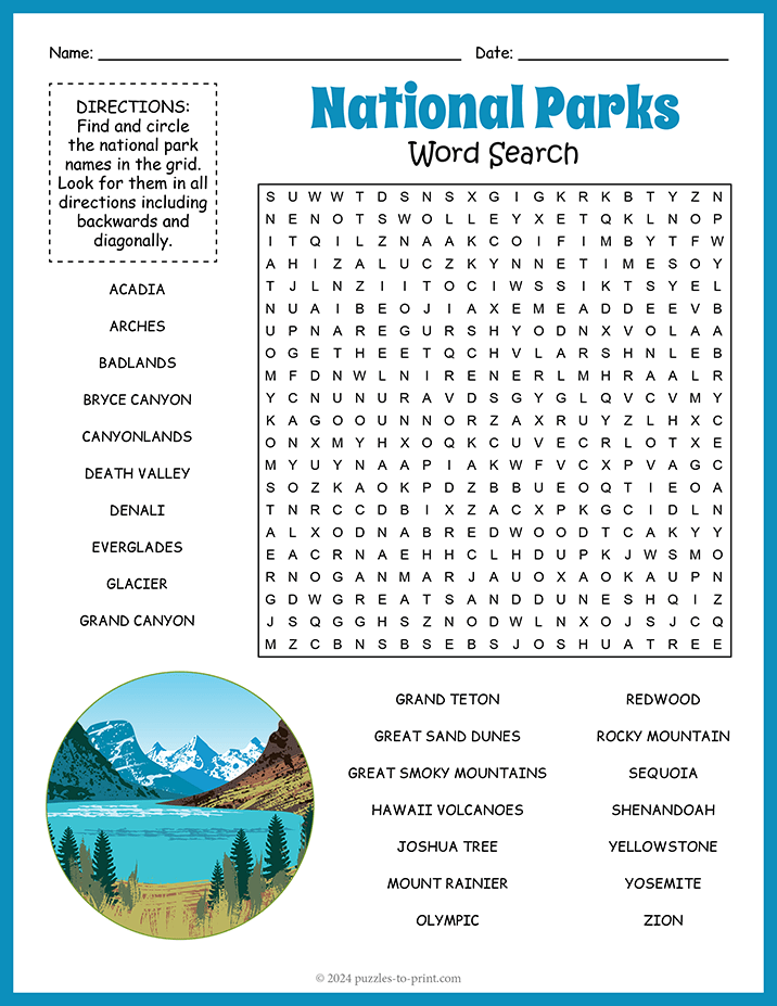 National Parks Word Search