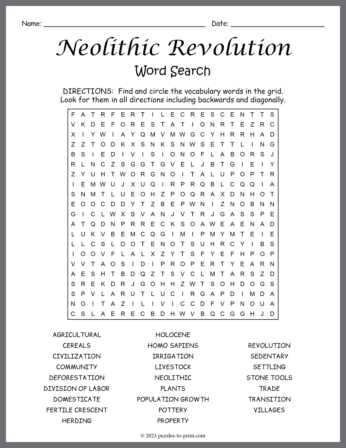 Neolithic Revolution Word Search