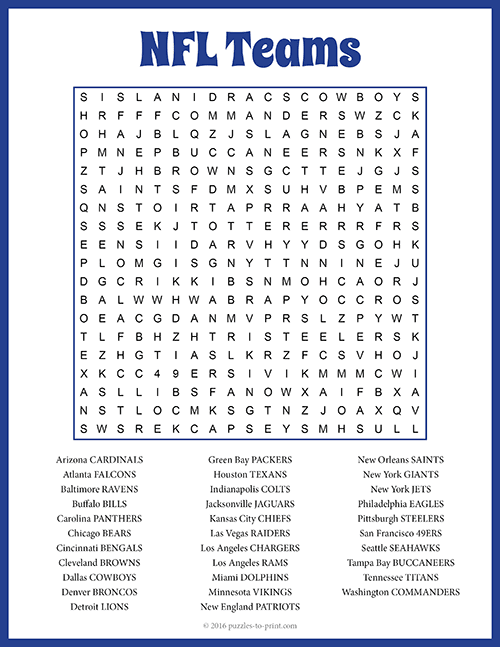 NFL Teams Word Search
