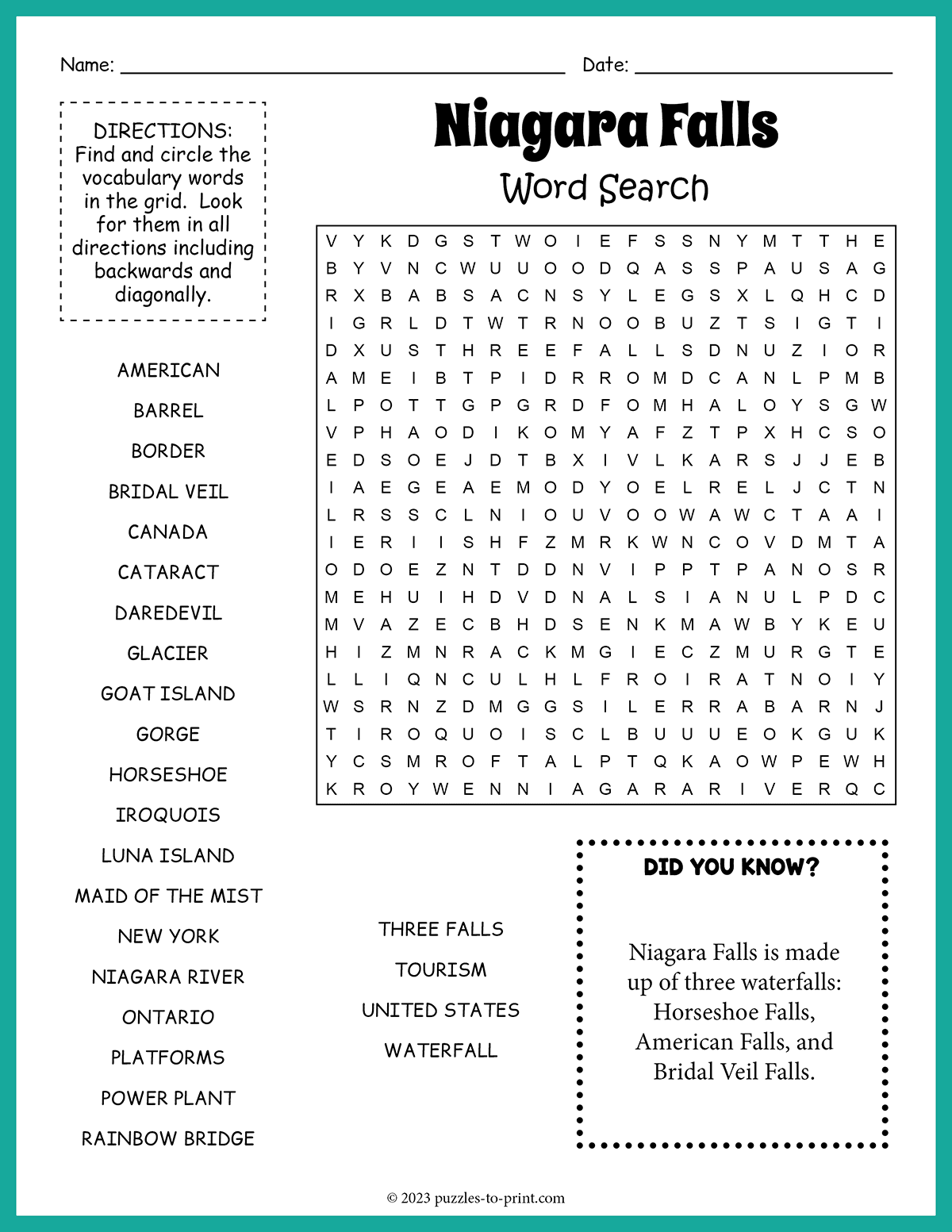 Niagara Falls Word Search