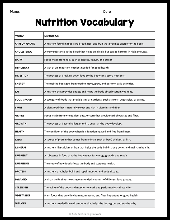 Nutrition Vocabulary - Free Printable Terms and Definitions