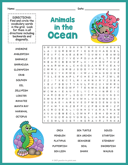 Ocean Animals Word Search