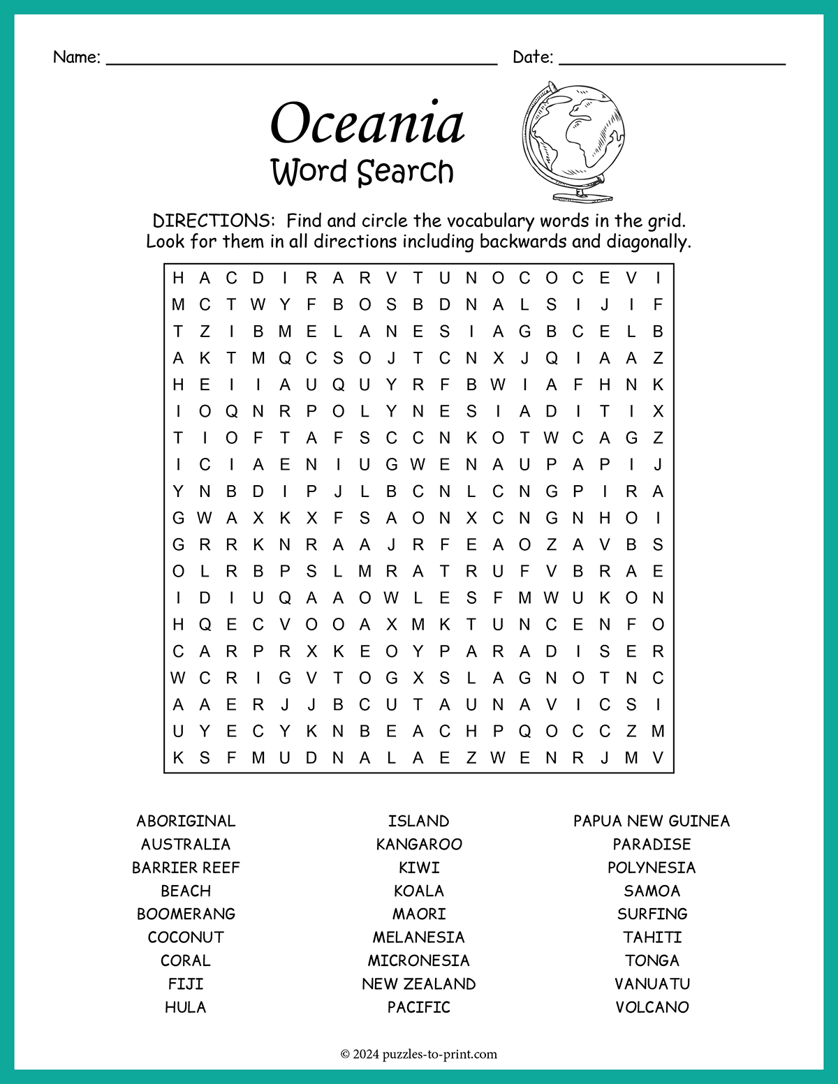 Oceania Word Search