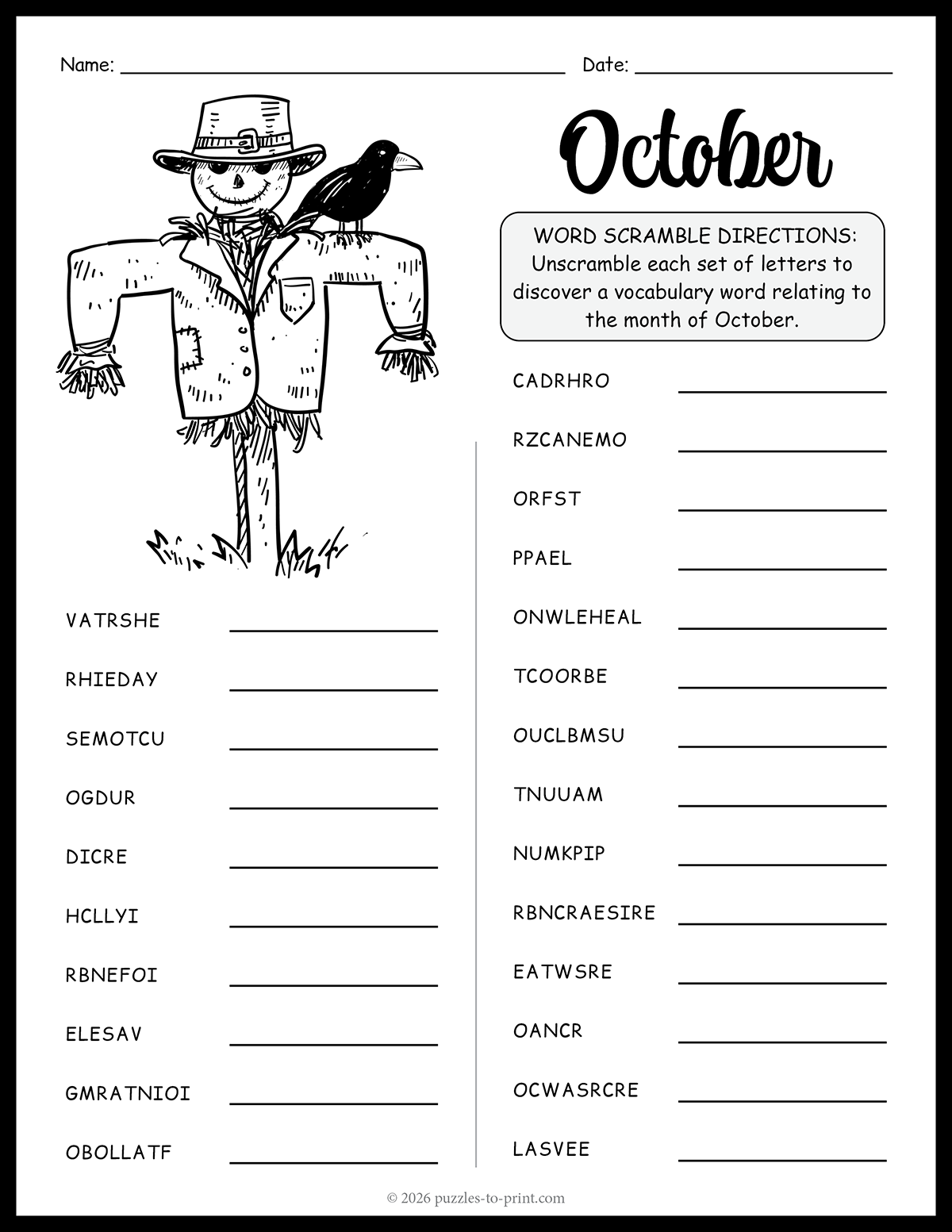 October Word Scramble - Free Printable Worksheet
