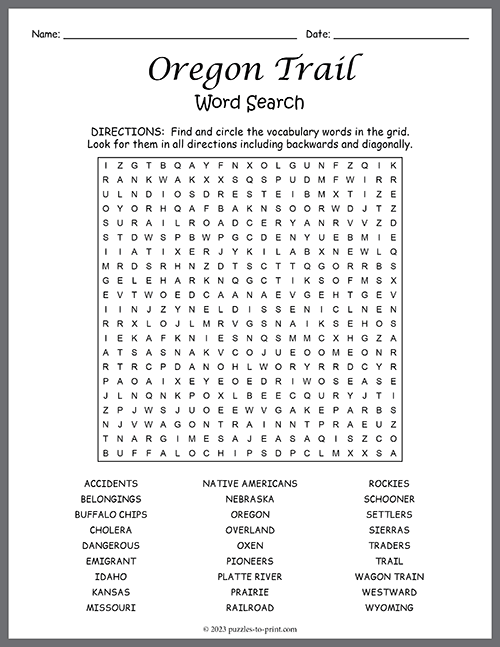 Oregon Trail Word Search
