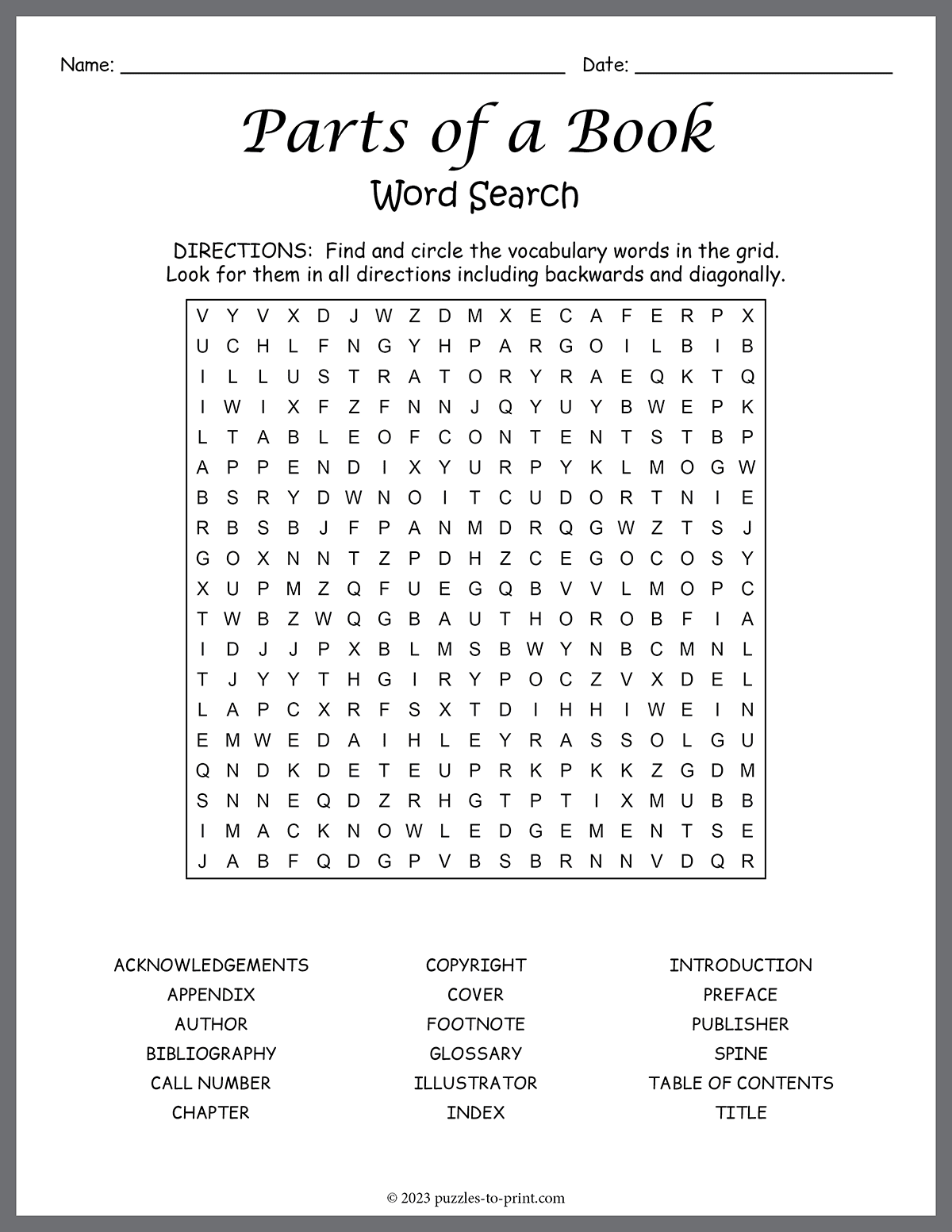 Parts of a Book Word Search