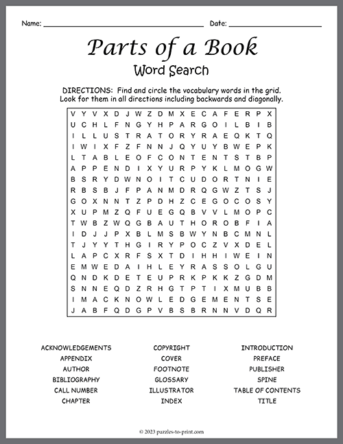 Parts of a Book Word Search