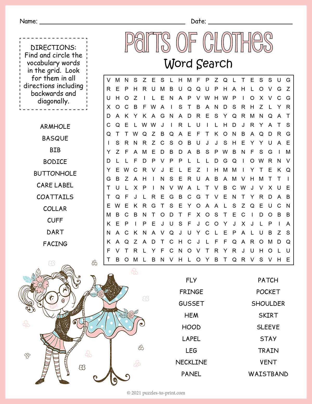 Parts of Clothes Word Search