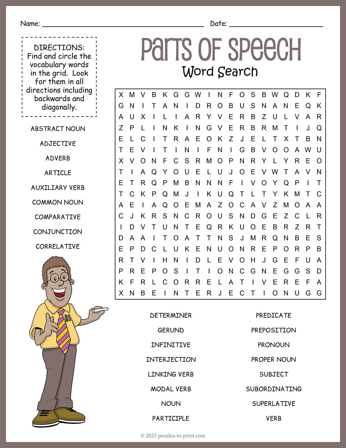 Parts of Speech Word Search