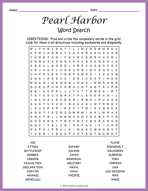 Pearl Harbor Word Search