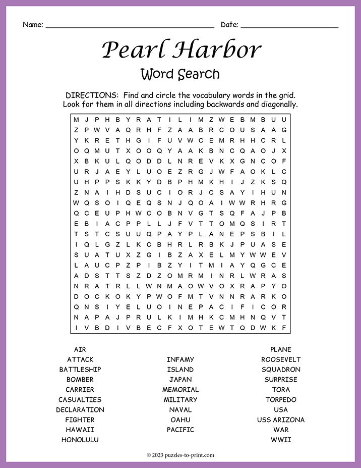 Pearl Harbor Word Search