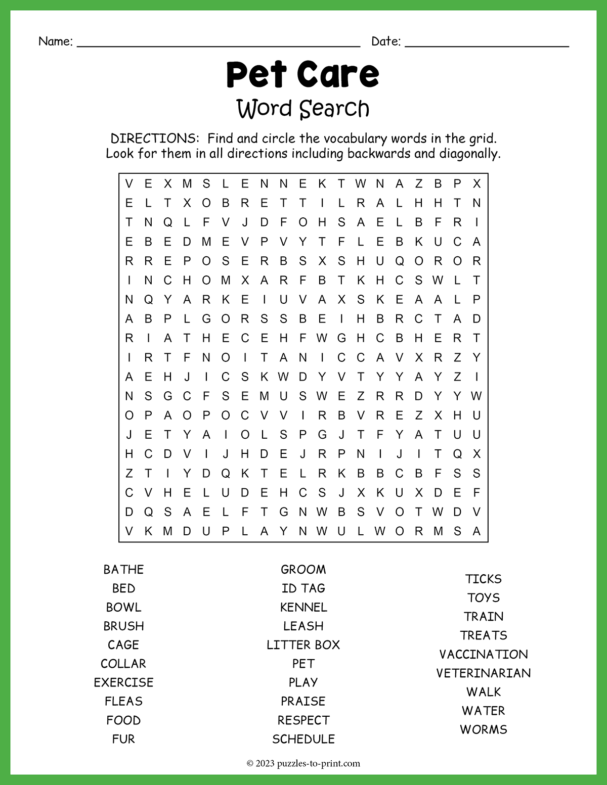 Pet Care Word Search