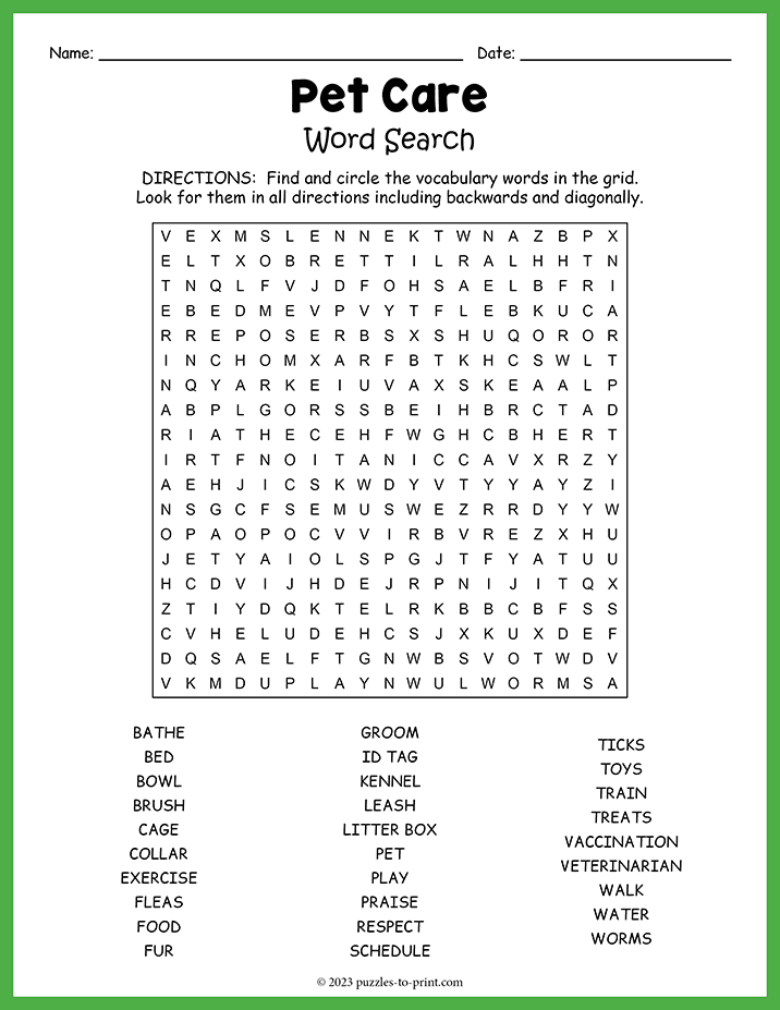 Pet Care Word Search