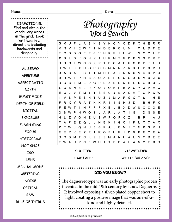 Photography Word Search