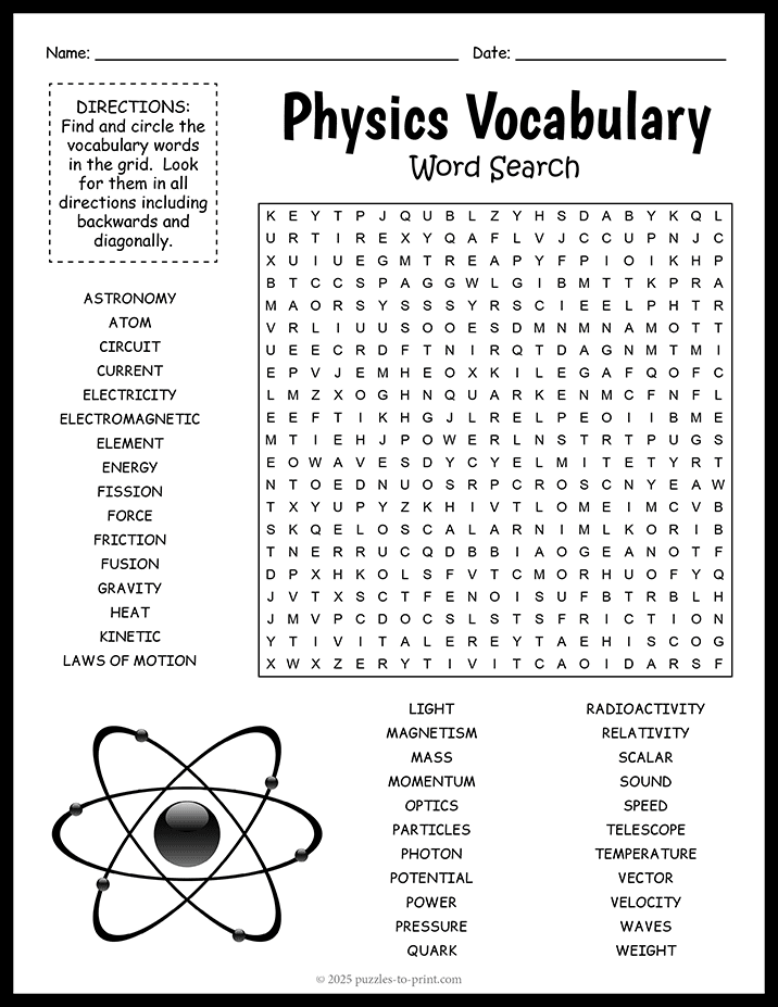 Physics Vocabulary Word Search