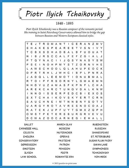 Piotr Ilyich Tchaikovsky Word Search