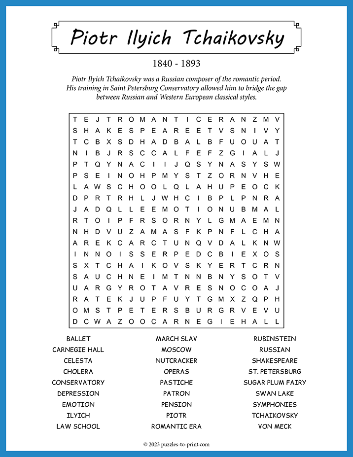 Piotr Ilyich Tchaikovsky Word Search