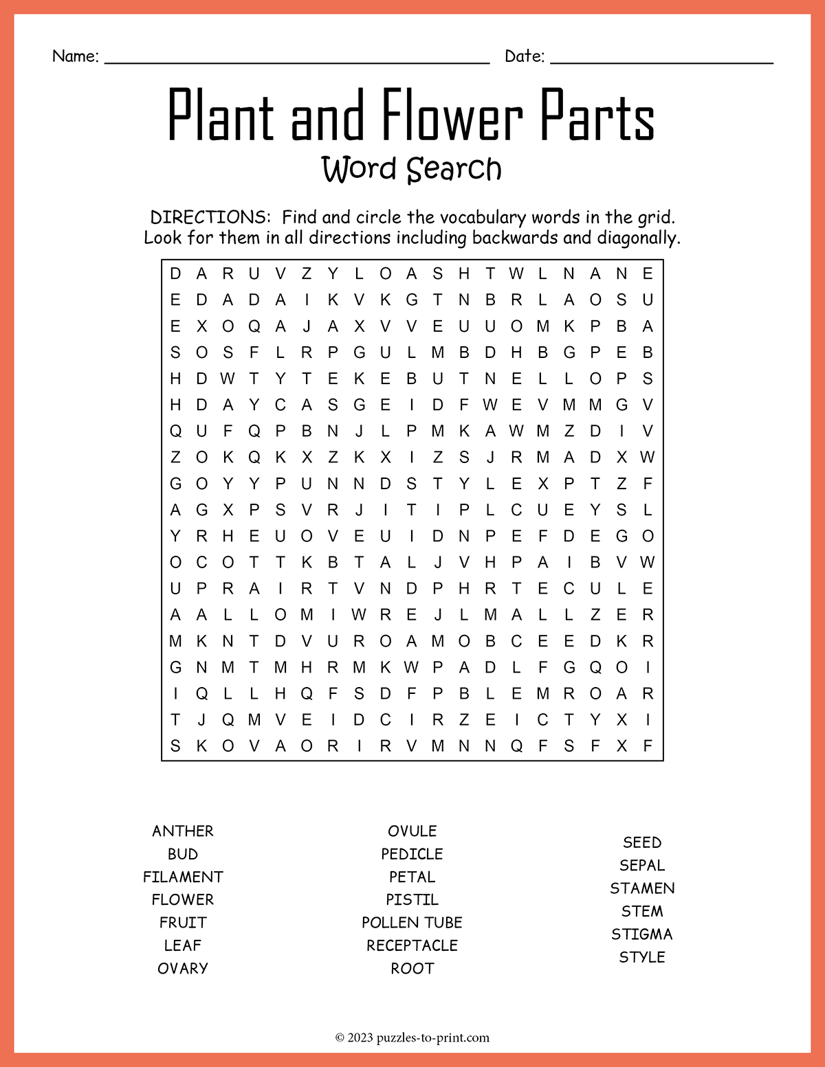 Plant and Flower Parts Word Search