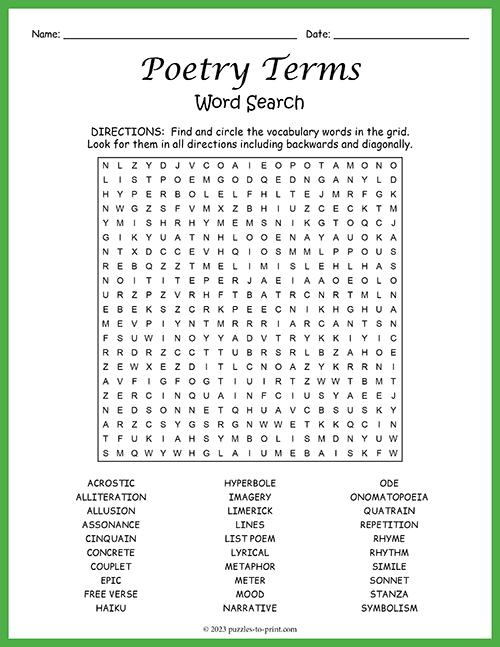 Poetry Terms Word Search