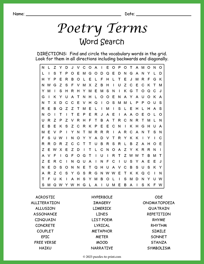 Poetry Terms Word Search