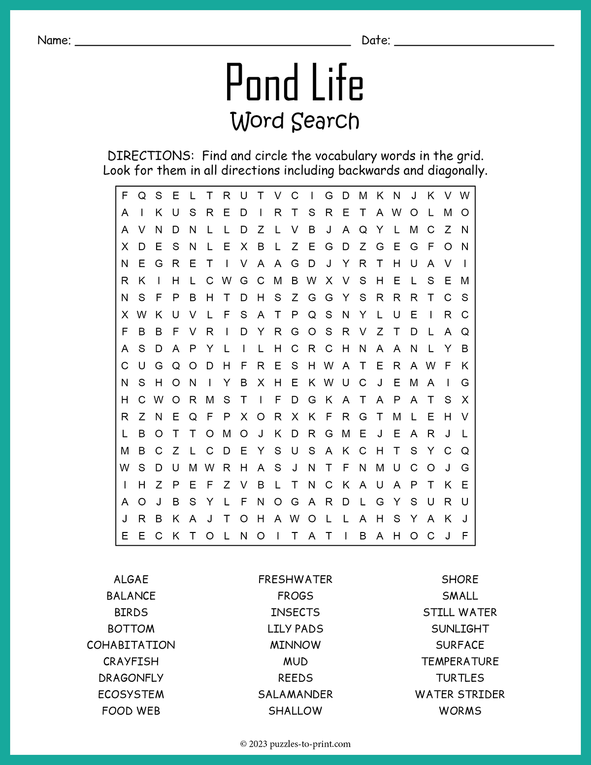 Pond Life Word Search
