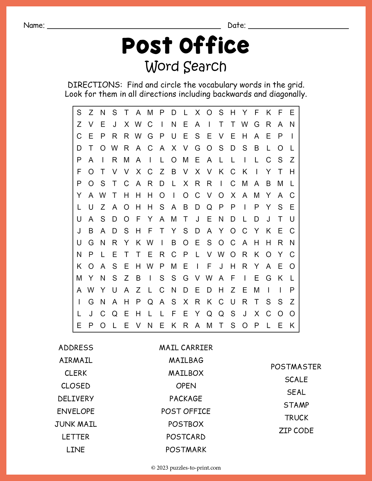 Post Office Word Search Post Office Word Search