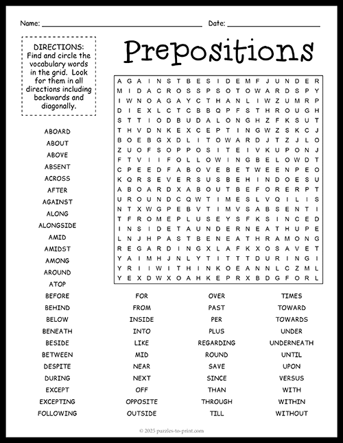 Prepositions Word Search