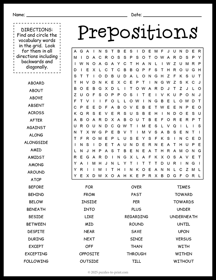Prepositions Word Search
