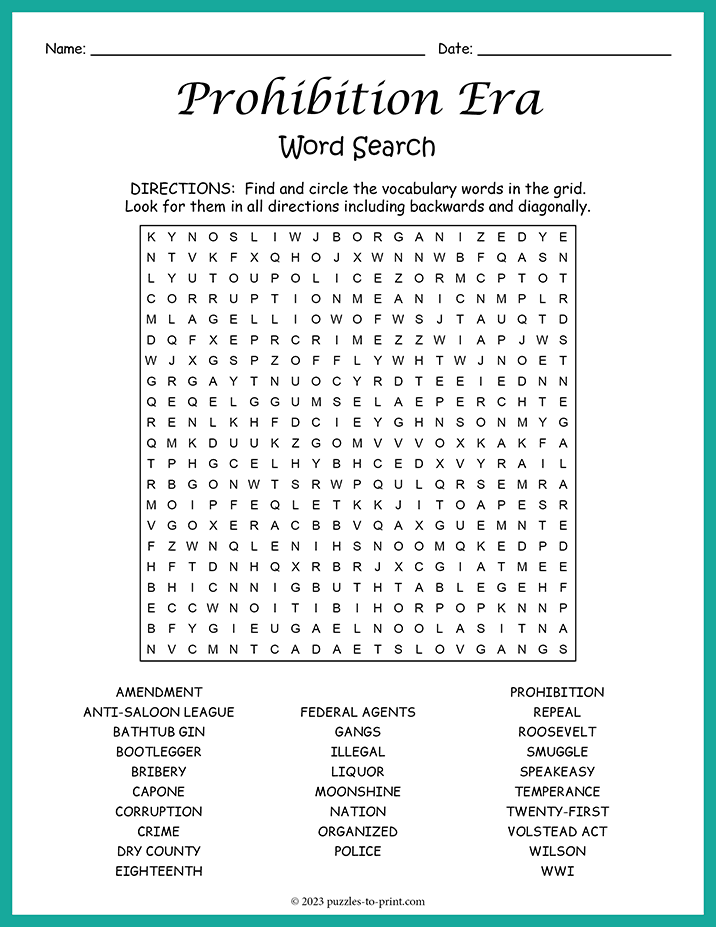 Prohibition Era Word Search