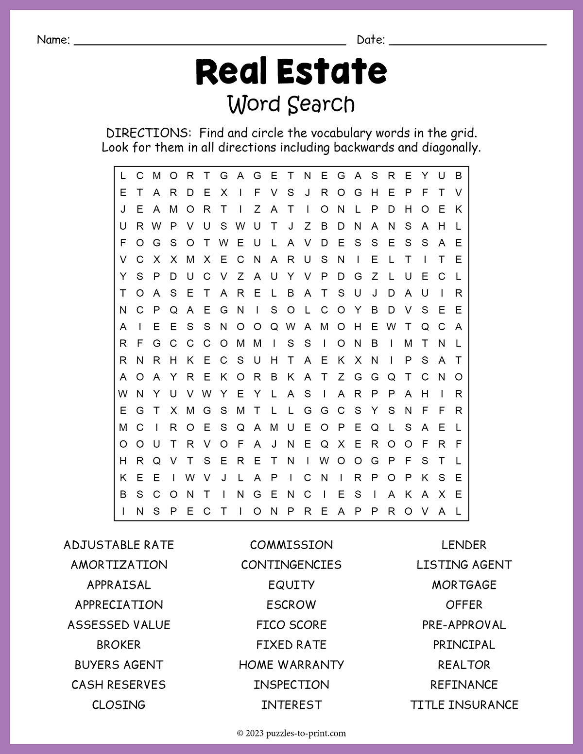 Real Estate Word Search