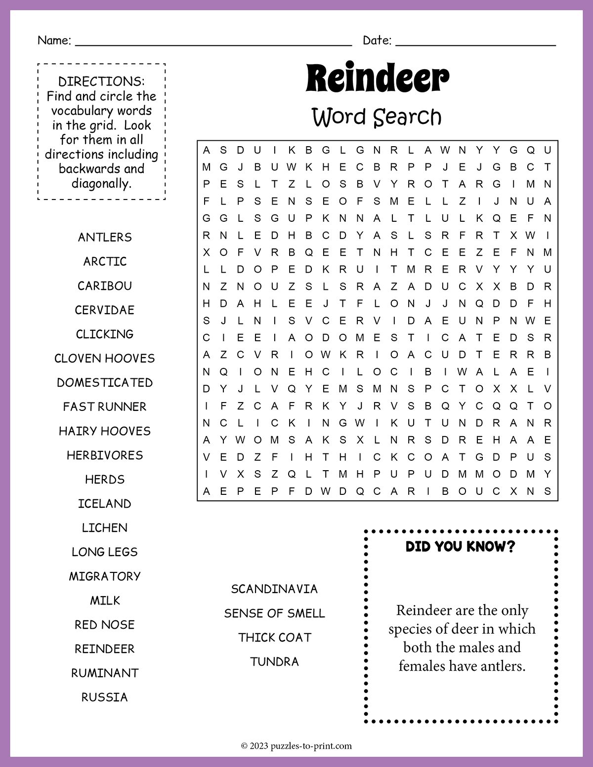 Reindeer Word Search
